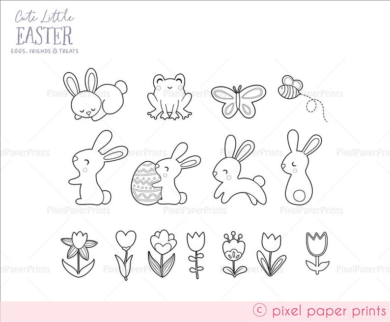Easter Digital Stamps | Cute Little Easter Line Art | Black & White ...