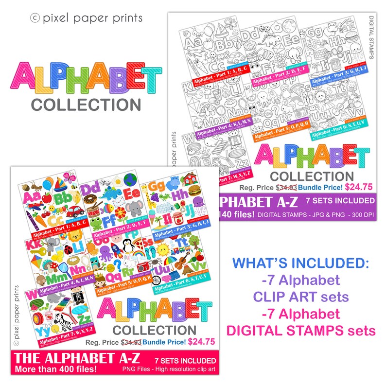Complete Alphabet Clipart Bundle | Full-color and Black & White Pngs ...