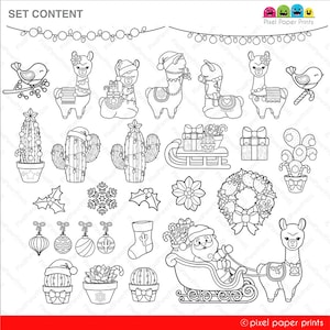 Christmas Llama Digital Stamps, Alpaca Stamps, Line Art - Etsy
