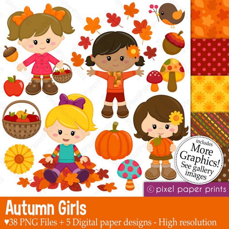 Autumn Girls Clipart: Fall Digital Paper Set (digital Download) - Etsy