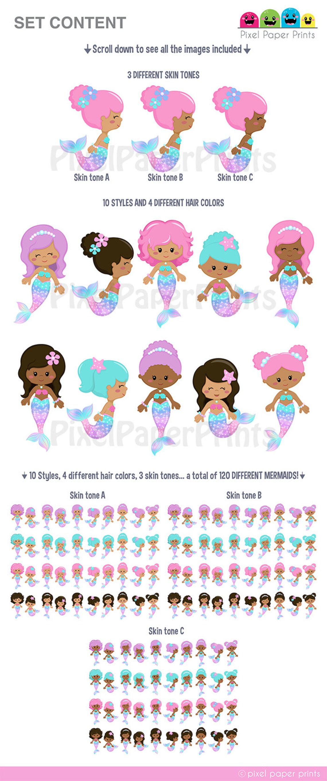 Sweet Mermaids Clip Art - Mermaid Clipart - Medium and Dark Skin Tones ...