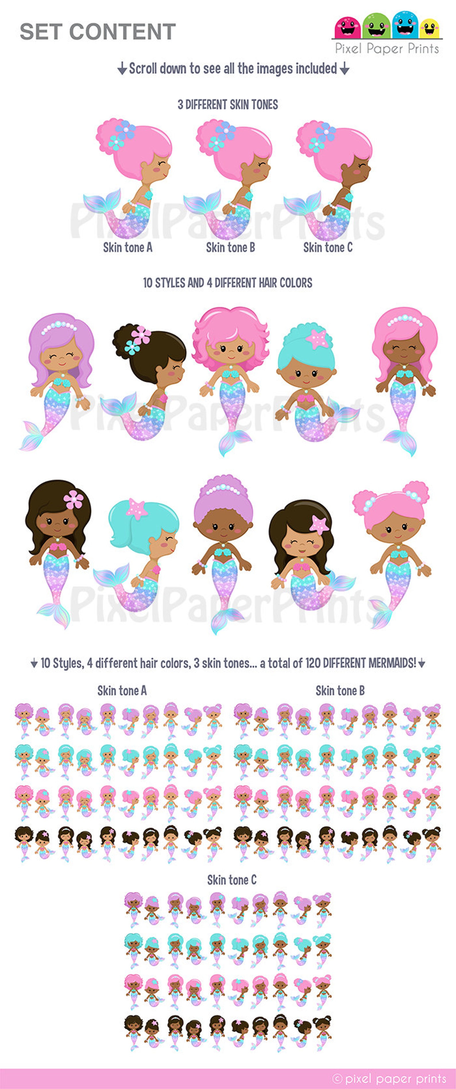 Sweet Mermaids Clip Art - Mermaid Clipart - Medium and Dark Skin Tones ...