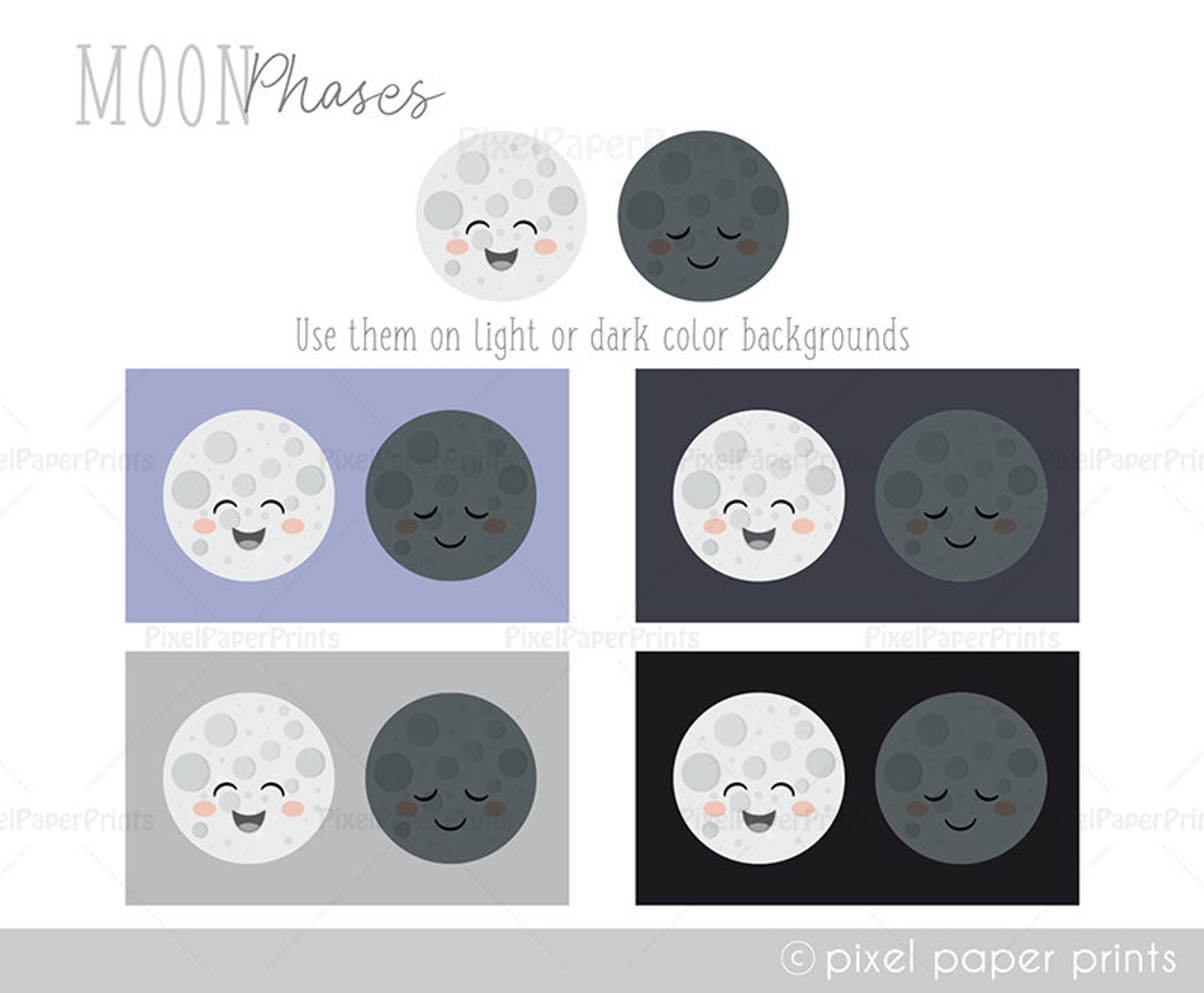 Moon Phases Clipart - Digital Download - Cute Moon Clipart - Moon Cycle ...