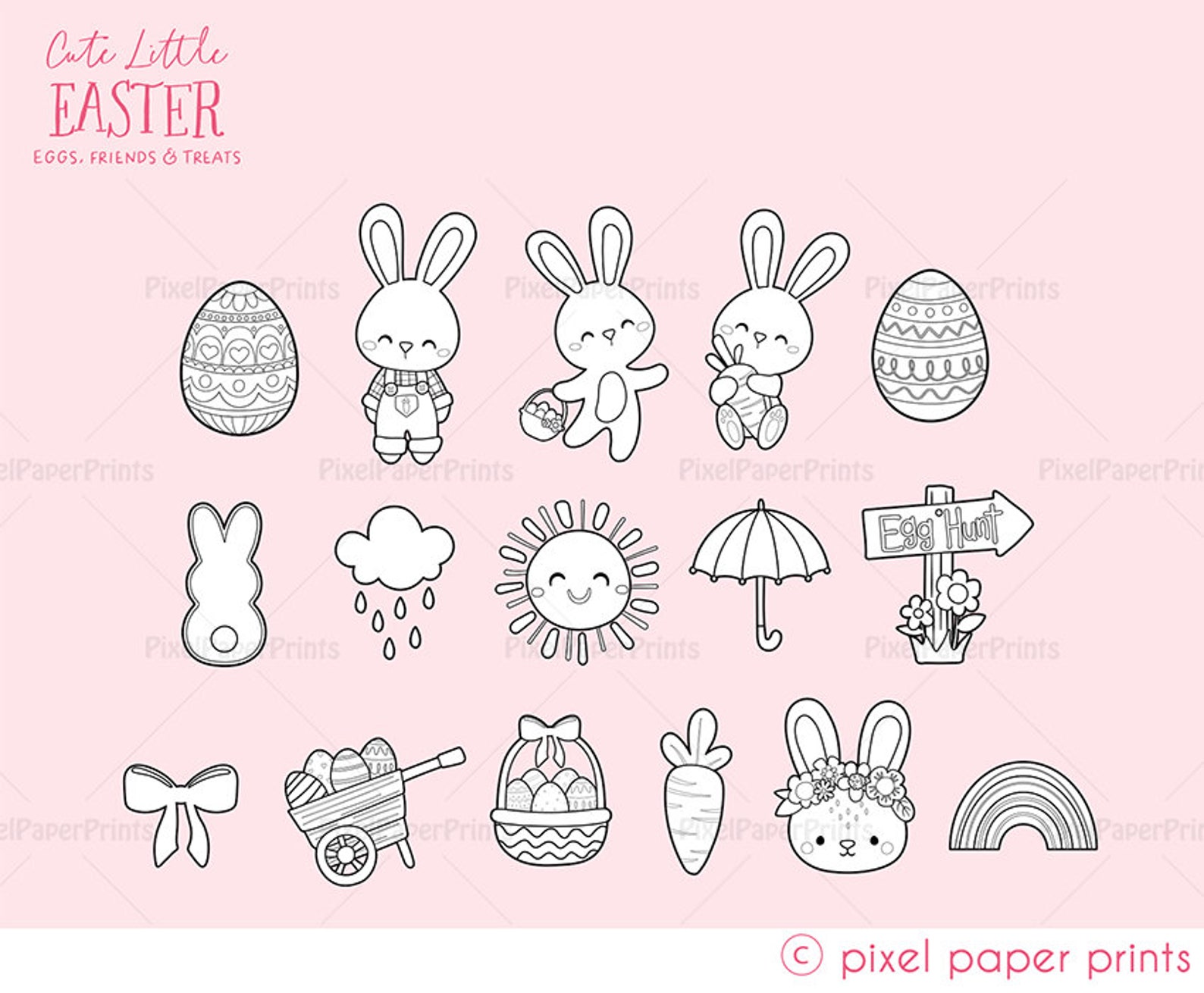 Easter Digital Stamps | Cute Little Easter Line Art | Black & White ...