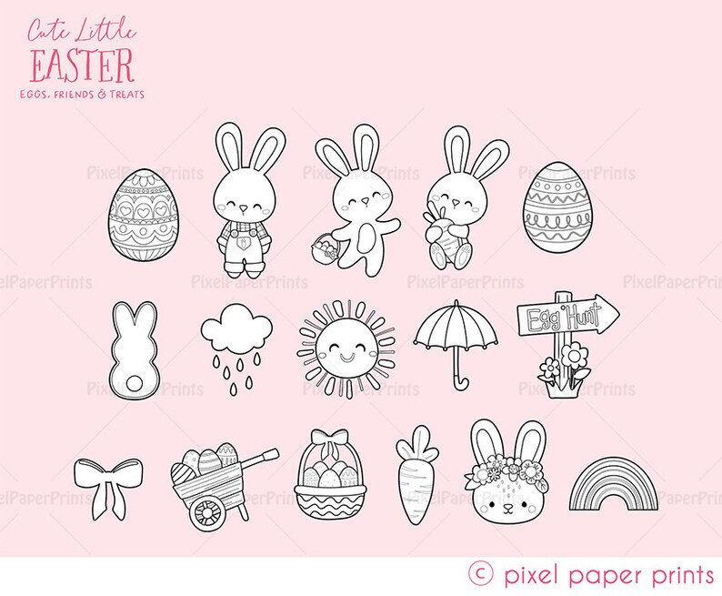 Easter Digital Stamps | Cute Little Easter Line Art | Black & White ...