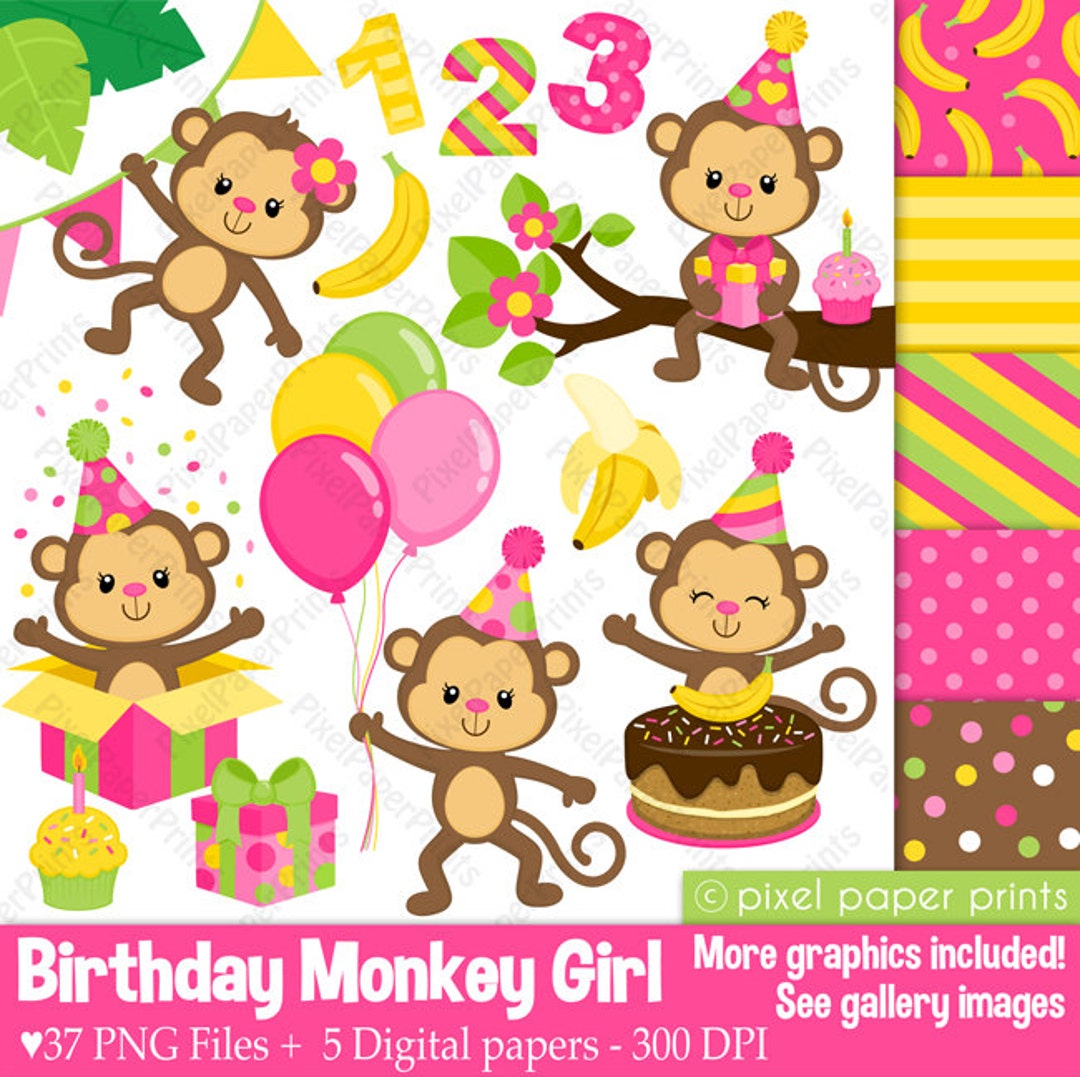 Monkey Clip Art - BIRTHDAY MONKEY GIRL - Clipart and Digital Paper Set ...