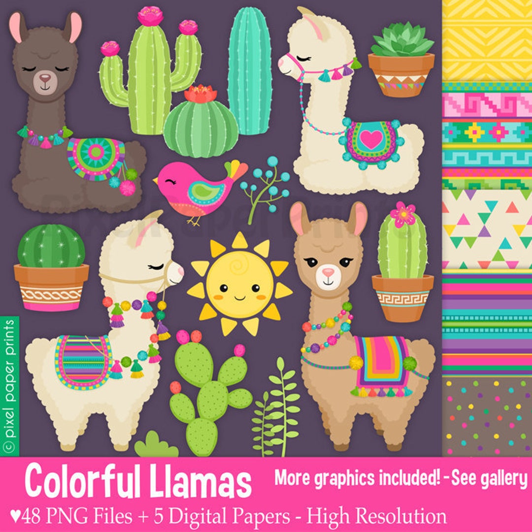 Llama Clip Art - Colorful Llamas - Decorated Llama - Clipart - Alpaca ...