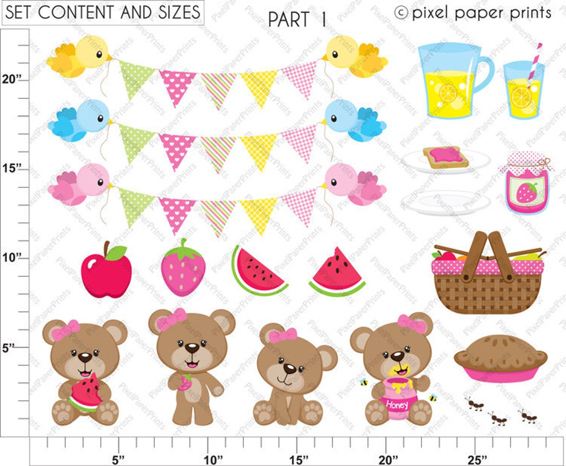 Picnic Bear Digital Clipart and Digital Paper Set Bear - Etsy