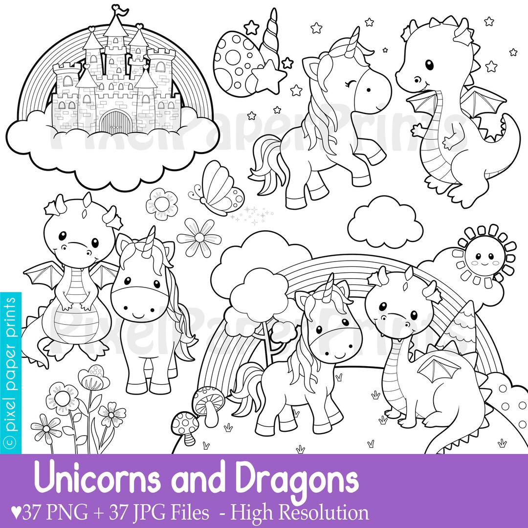 Unicorns and Dragons Digital Stamps - Clip Art - Line Art Graphics to ...