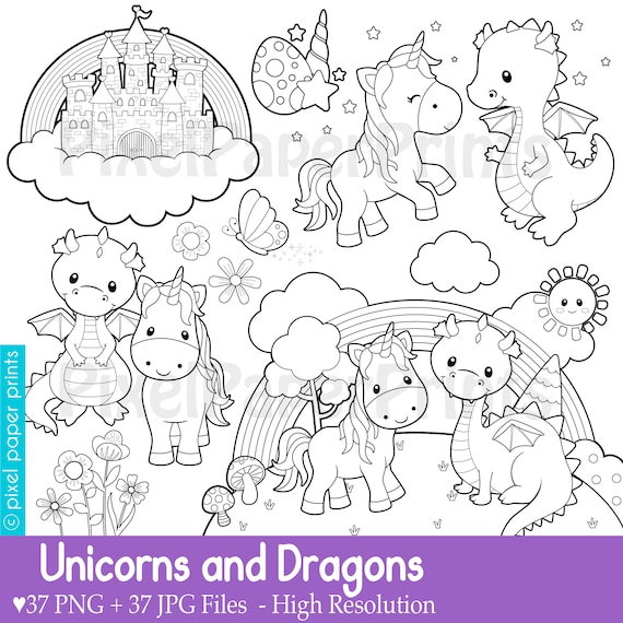 Unicorns and Dragons Stamps - Digital Stamps - Line Art - Unicorn ...
