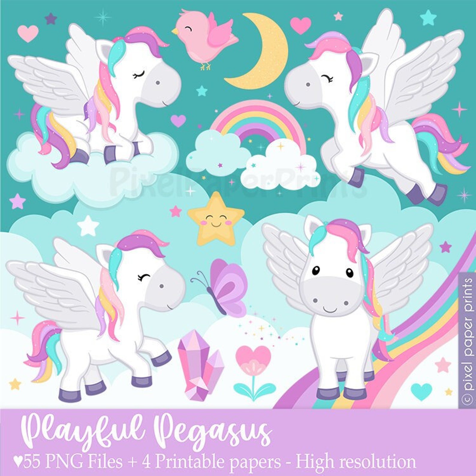 Playful Pegasus Clipart Set - Cute PNG Images for Invites, Party Decor ...