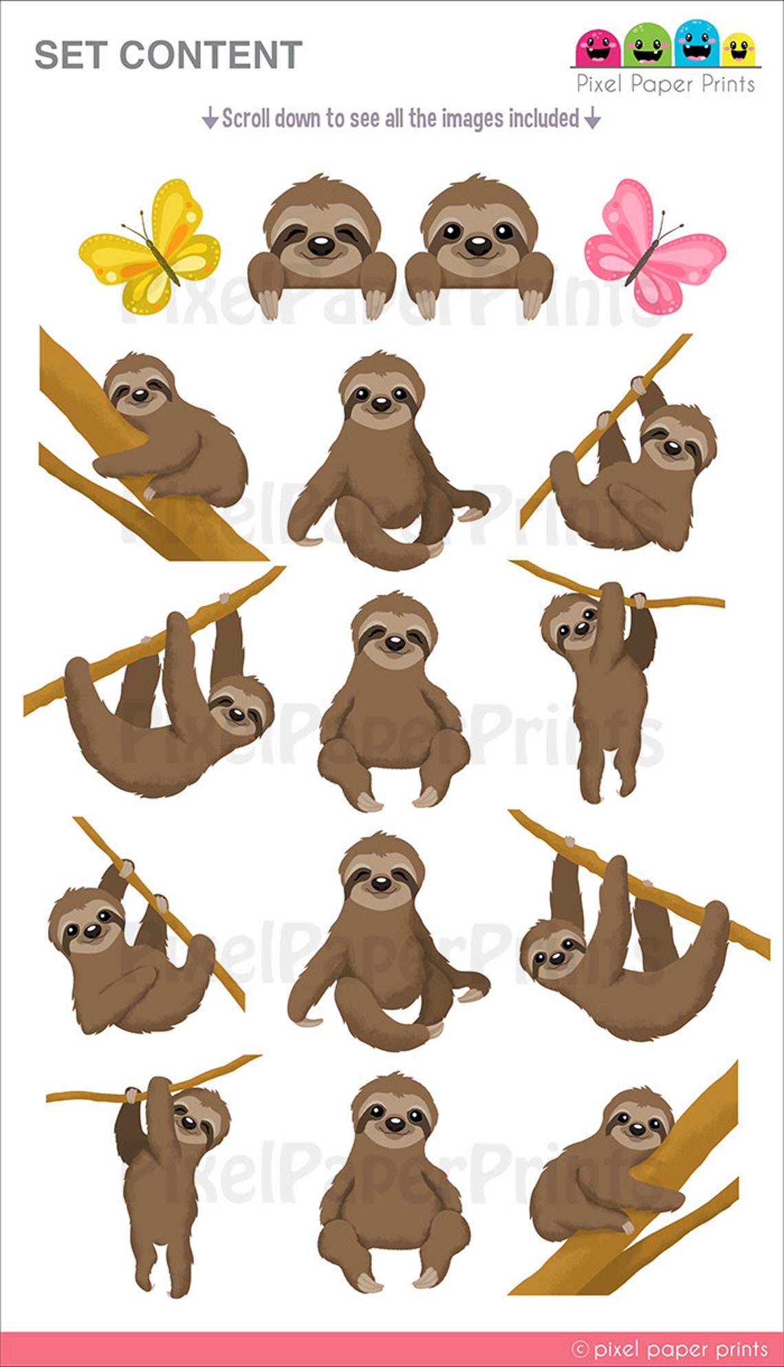 Smiley Sloth Clipart Cute Sloth Graphics Digital Download | Etsy