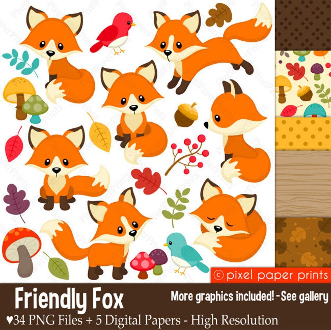 Fox Clipart - FRIENDLY FOX - Clip Art and Digital Paper Set - Digital ...