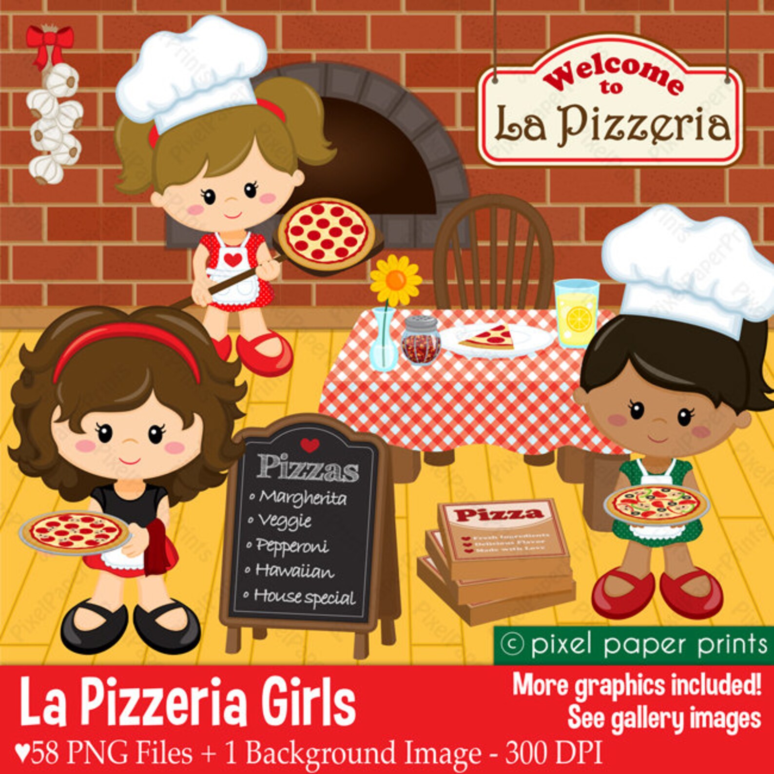 La Pizzeria Girls Clip Art and Digital Paper Set Pizza - Etsy