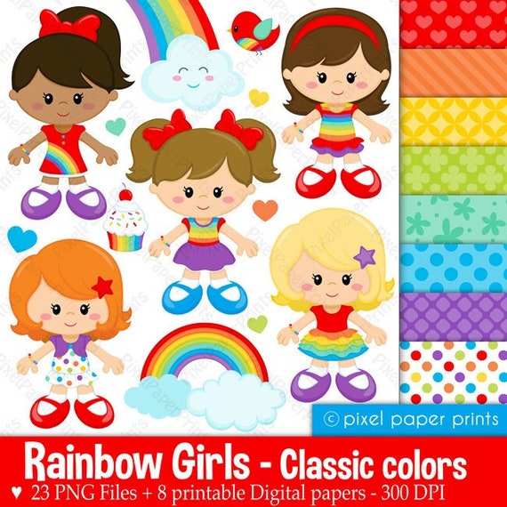 Rainbow girls - Classic colors - Clipart and Digital Paper Set by Pixel ...