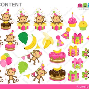 Monkey Clip Art - BIRTHDAY MONKEY GIRL - Clipart and Digital Paper Set ...