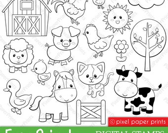 Farm Animals Digital Stamps Clip Art Line Art Digital | Etsy