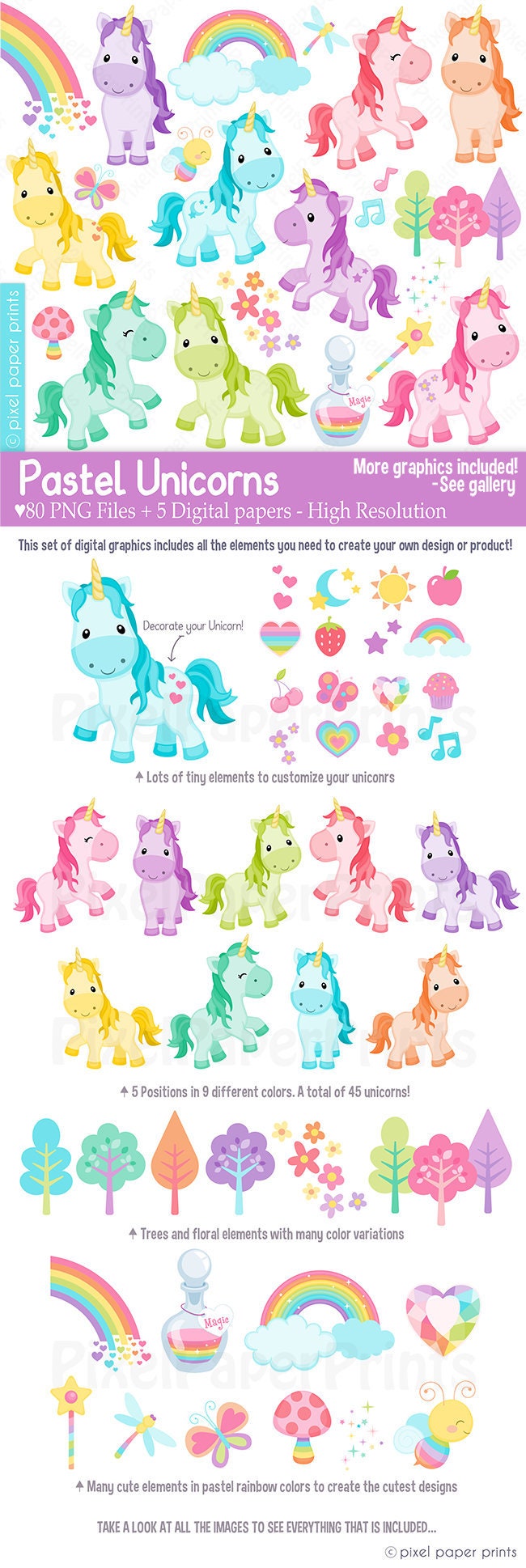 Pastel Unicorns Unicorn Clipart Rainbow Clip Art - Etsy