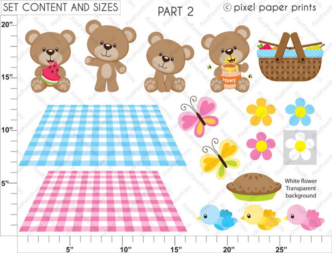 Picnic Bear Digital Clipart and Digital Paper Set Bear - Etsy