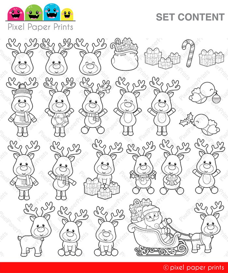 Rudolph Reindeer Digital Stamps - Christmas Clipart - Line Art Graphics ...