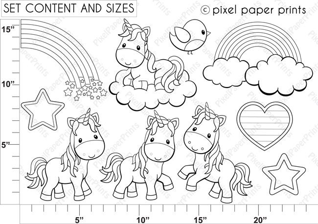 Unicorns and Rainbows Digital Stamps - Line Art - Etsy