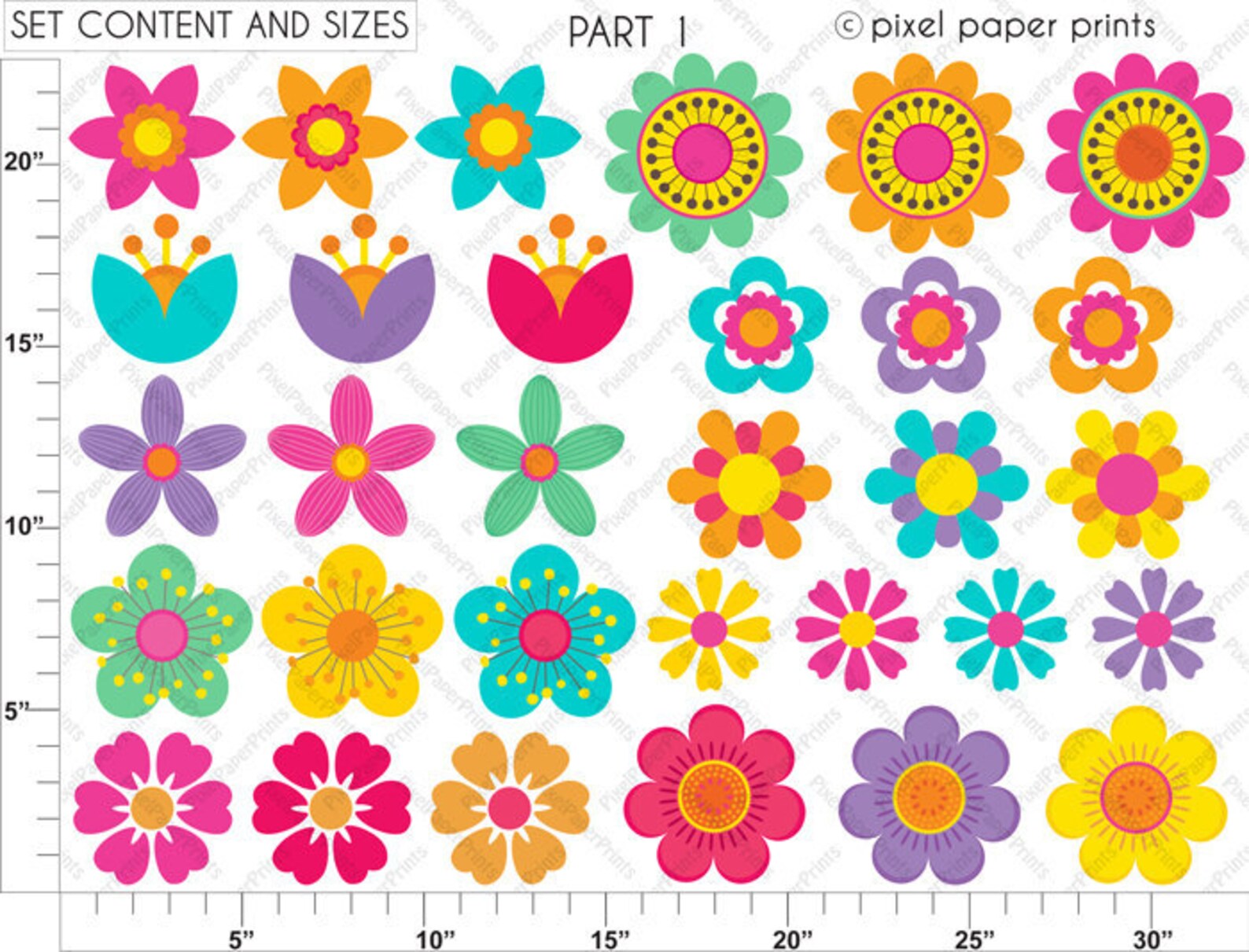 Flower Clipart HAPPY FLOWERS Digital Paper and Clip Art Set - Etsy