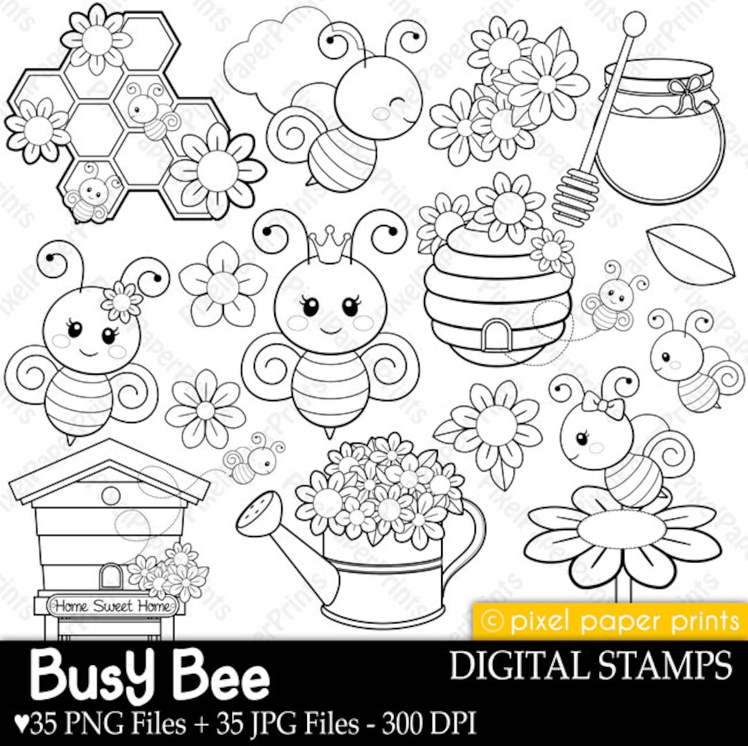 Busy Bees - Digital Stamps - Bee Stamps - Line Art - Etsy