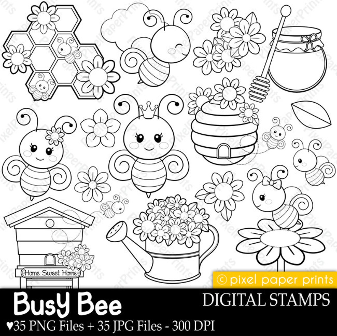 Busy Bees Digital Stamps Bee Stamps Line Art - Etsy UK
