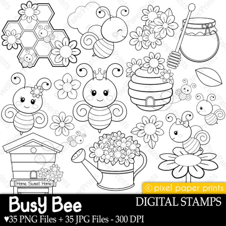 Busy Bees - Digital Stamps - Bee Stamps - Line Art - Etsy UK