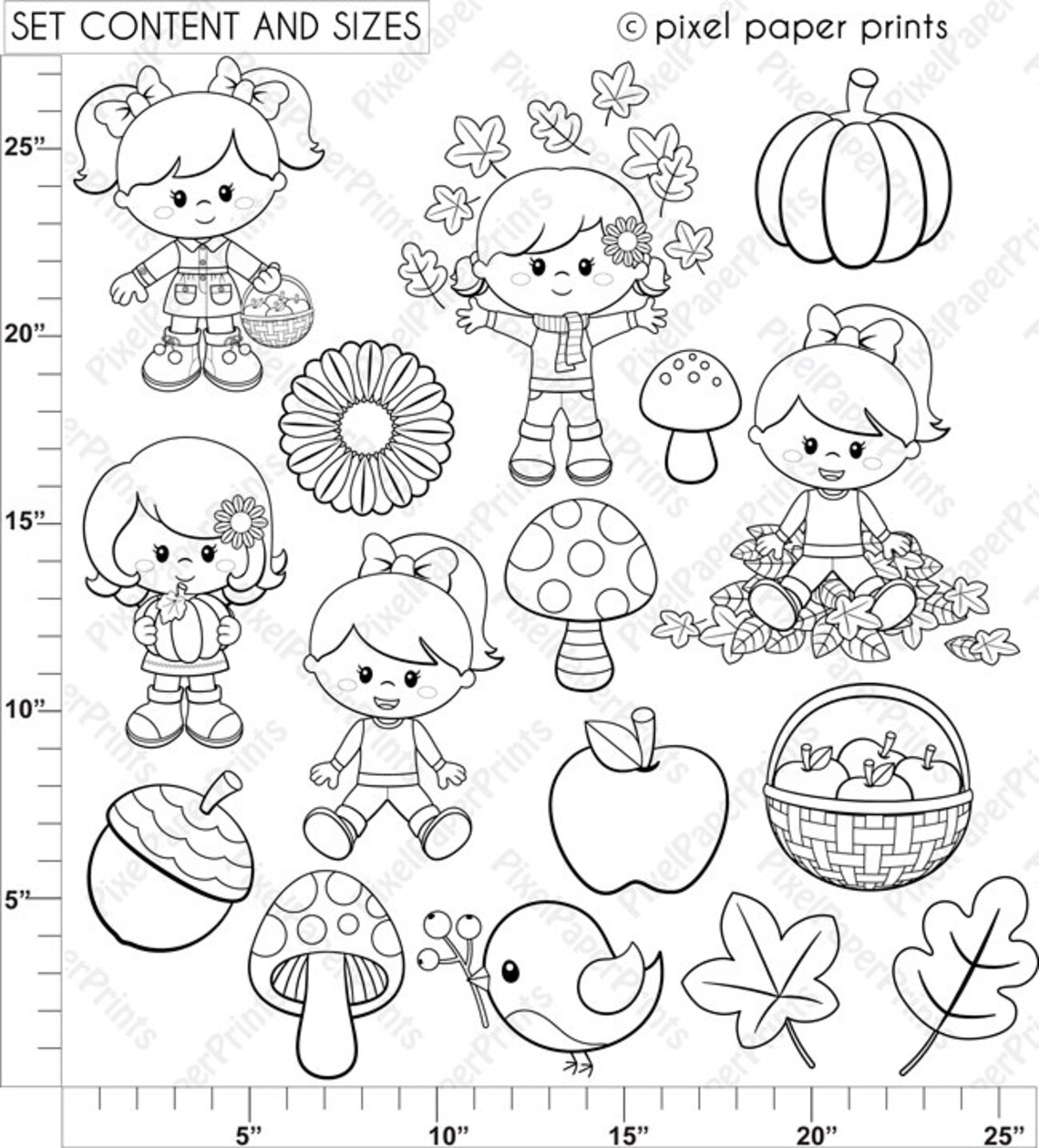 Autumn Girls - Digital Stamps - Clipart - Fall - Line Art - Etsy
