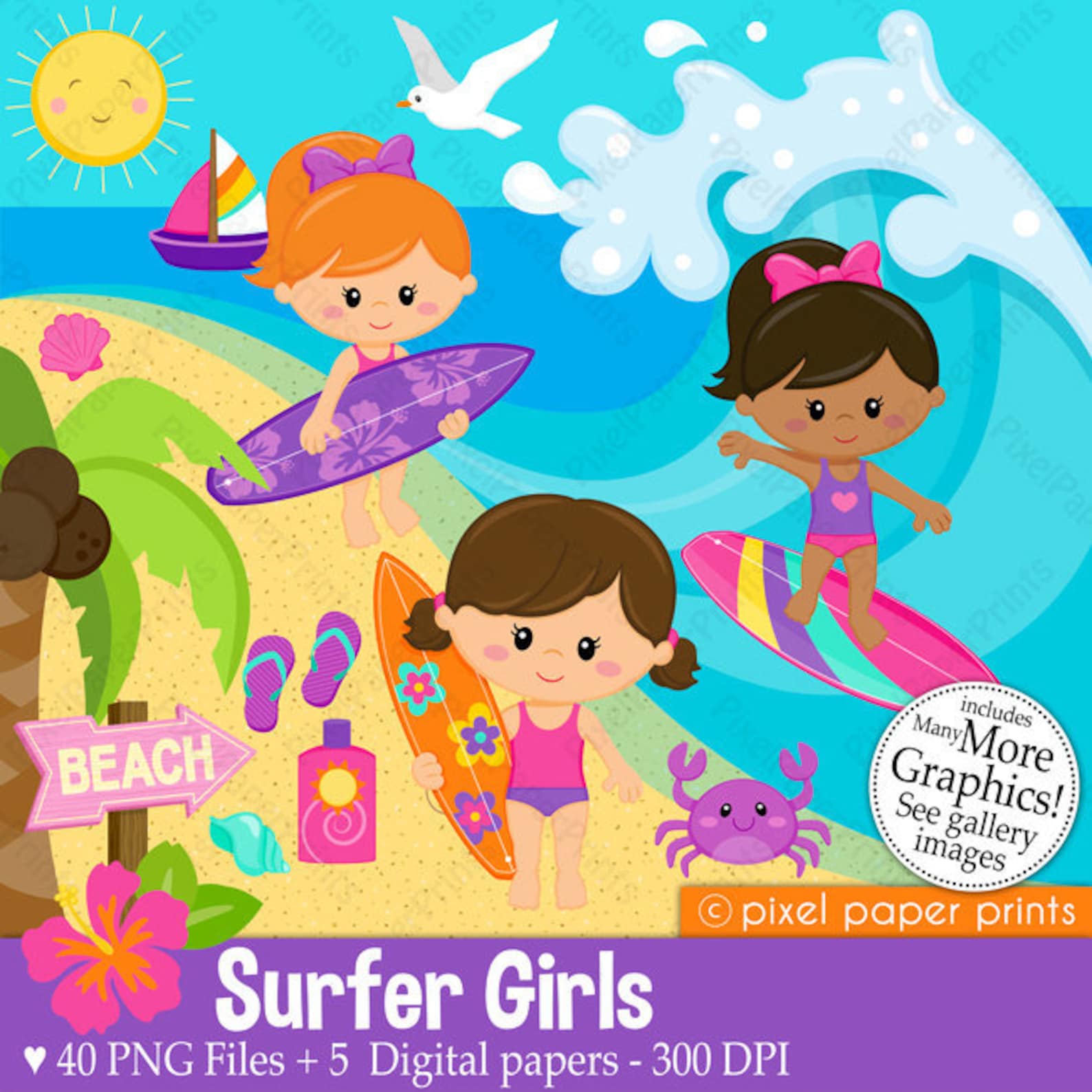 Surfer Girls Clipart Clip Art and Digital paper set | Etsy