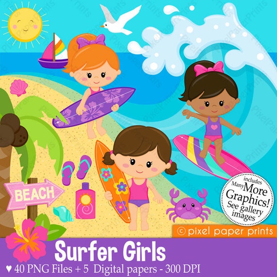 Surfer Girls Clipart - Clip Art and Digital paper set by Pixel Paper ...