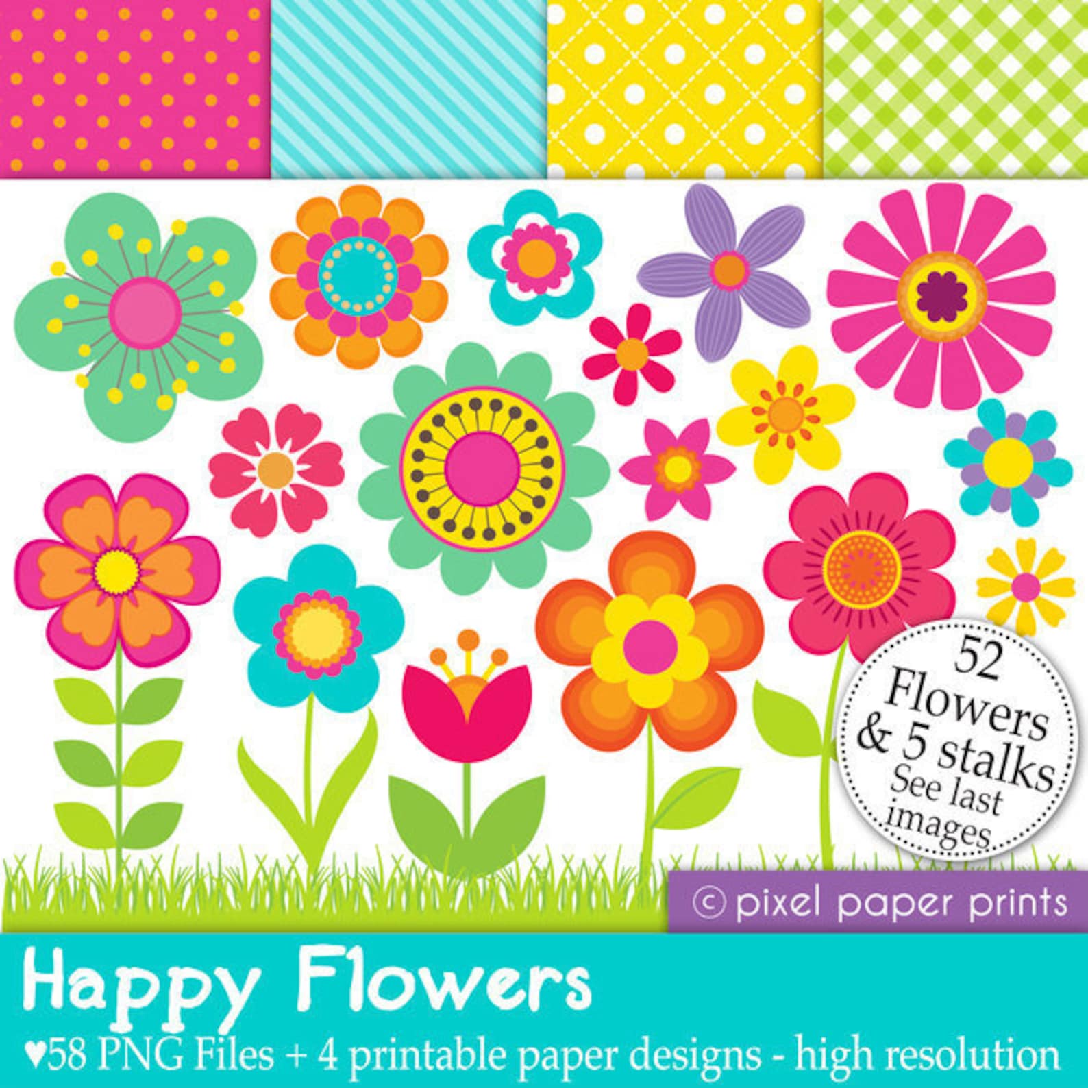 Flower Clipart HAPPY FLOWERS Digital Paper and Clip Art Set - Etsy