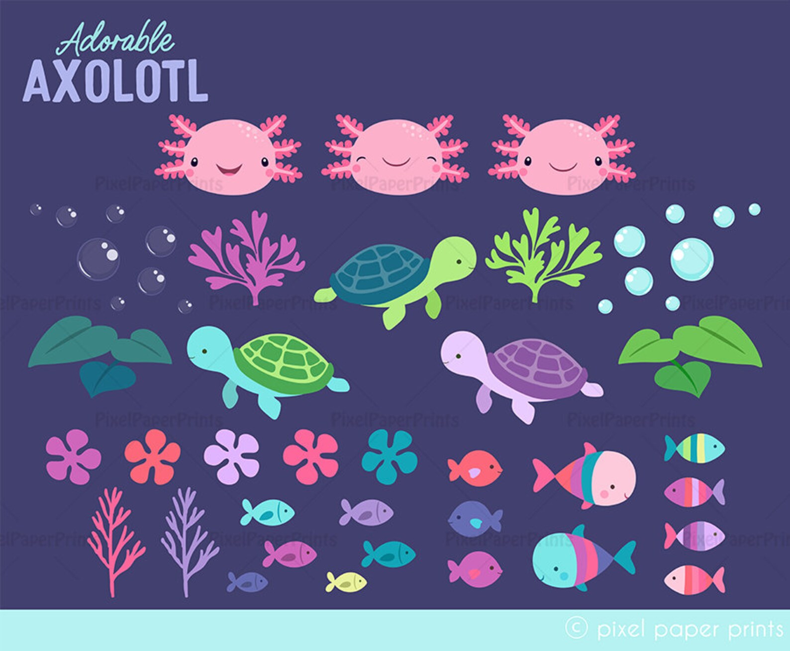 Axolotl Clip Art - Cute Axolotl - Clip Art and Digital Paper Set - Cute ...