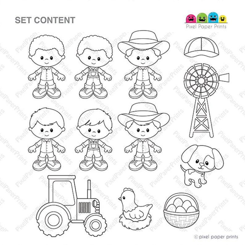 Farmer Boys Digital Stamps Farmer Kids Farm Clipart - Etsy
