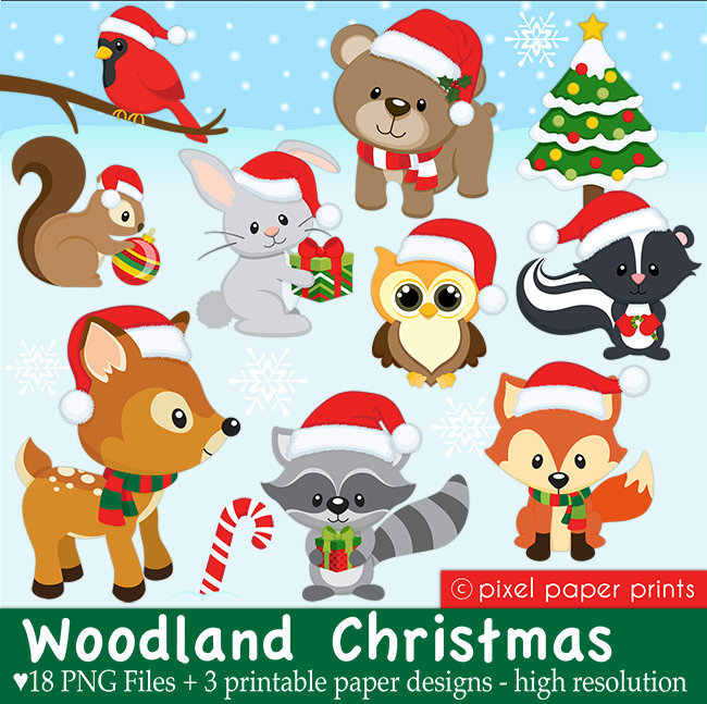 Christmas Clipart Woodland Christmas Digital Paper and - Etsy