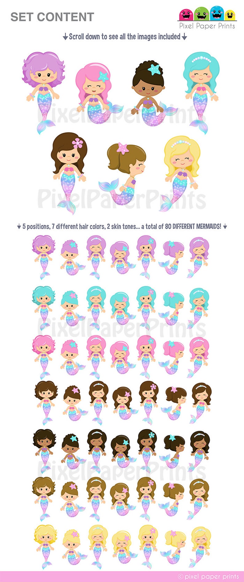 Cute Mermaids Clip Art Mermaid Clipart Digital Download - Etsy UK