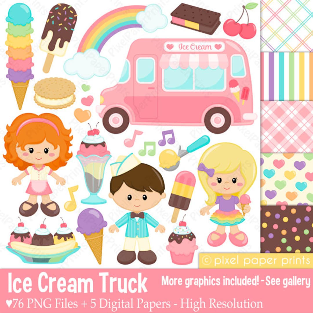 Ice Cream Truck Clipart - Clip Art and Digital Paper Set - Icecream ...