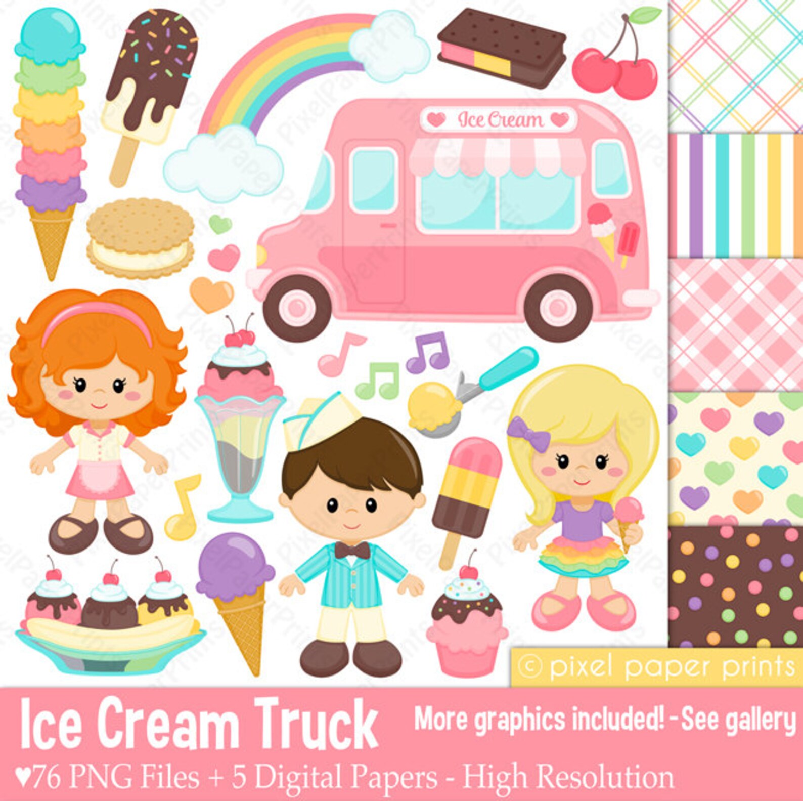 Ice cream Truck Clipart Clip Art and Digital paper set | Etsy