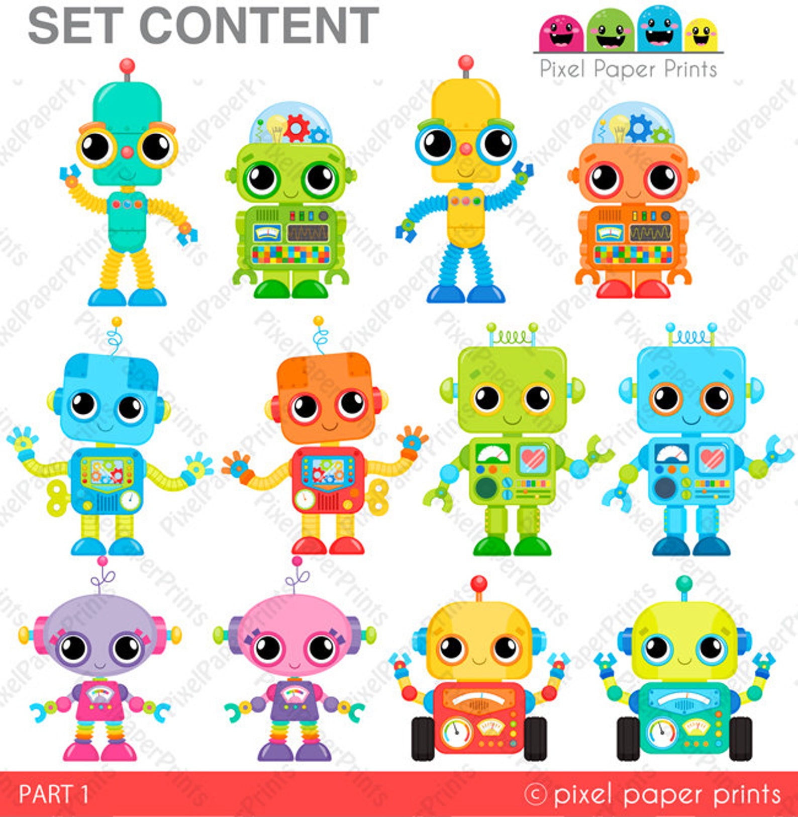Colorful Robots Clip Art and Digital Paper Set Robot Clipart Digital ...