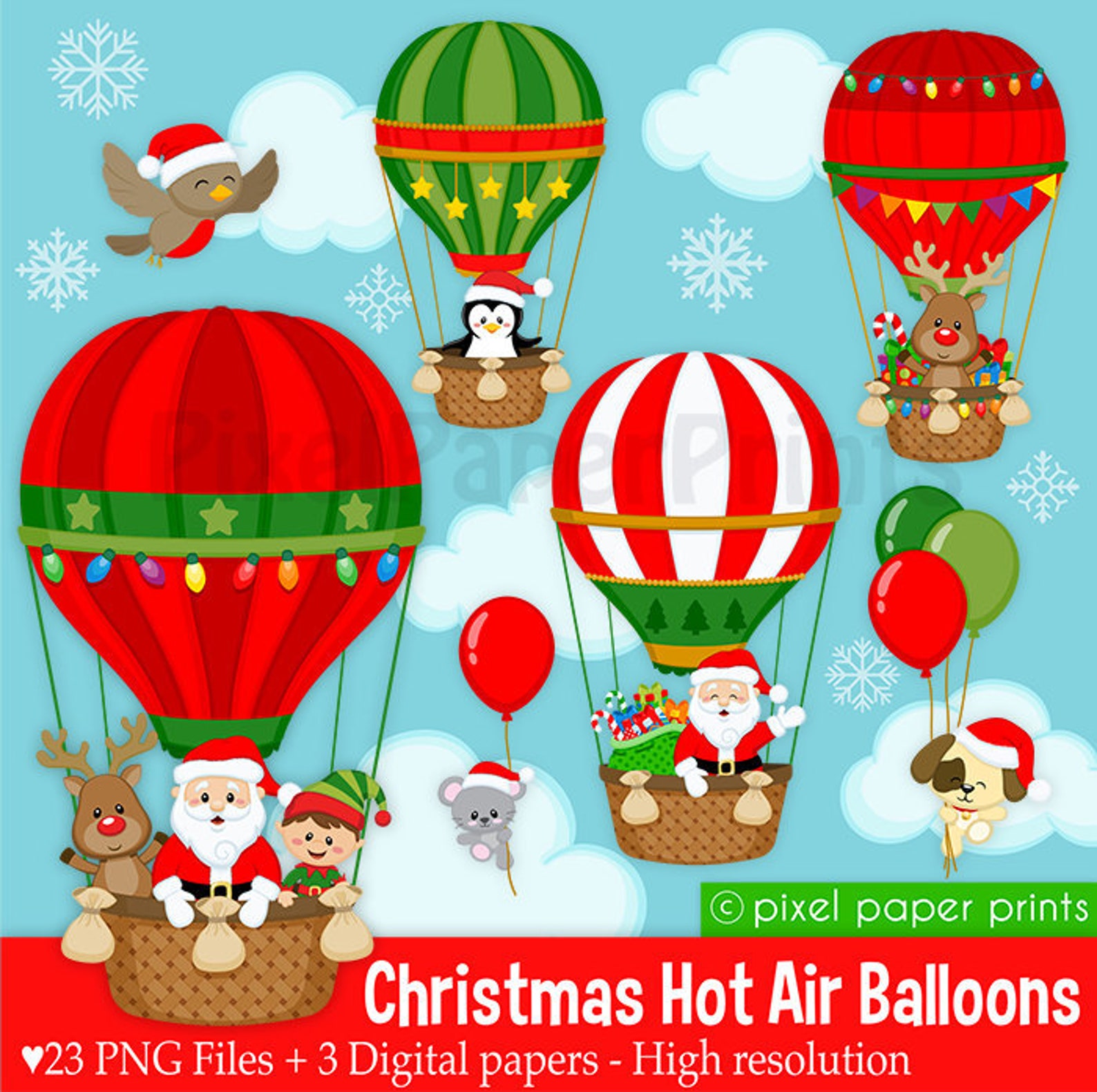 Christmas Hot Air Balloons Clip Art - Christmas Clipart - Digital Clip ...