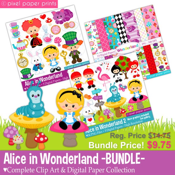 Alice in wonderland Bundle - Clip art and Digital Paper - Bundle price ...