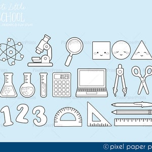School Supplies Digital Stamps - Cute Little School - Clip Art - Line ...
