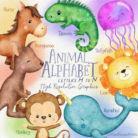 Watercolor Animal Alphabet - LETTERS H TO N - Clipart and Digital Paper ...