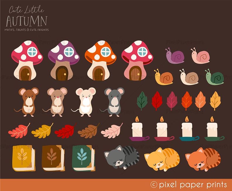 Fall Clip Art - Cute Little Autumn Motifs and Cute Animals - Hygge ...