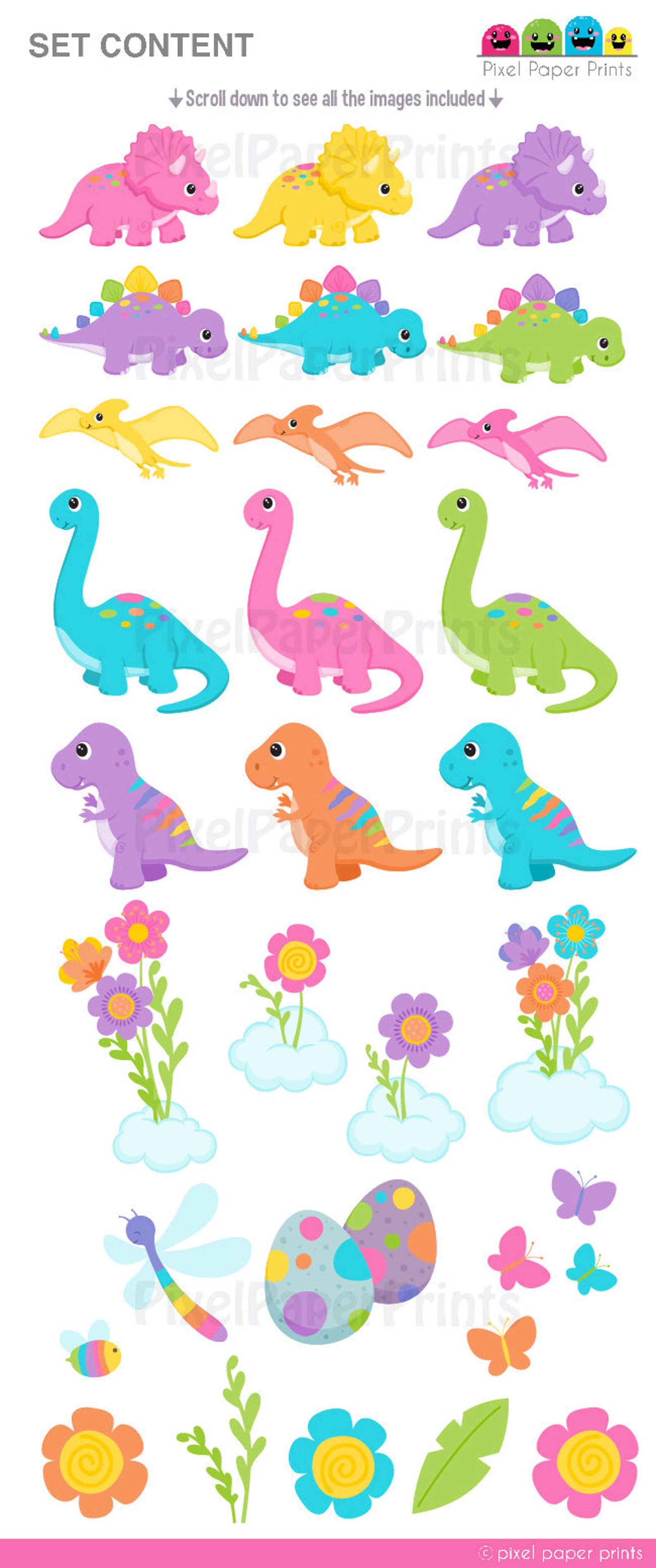 Dinosaur Clipart | Cute Dinosaurs and Rainbows | Digital Download of ...