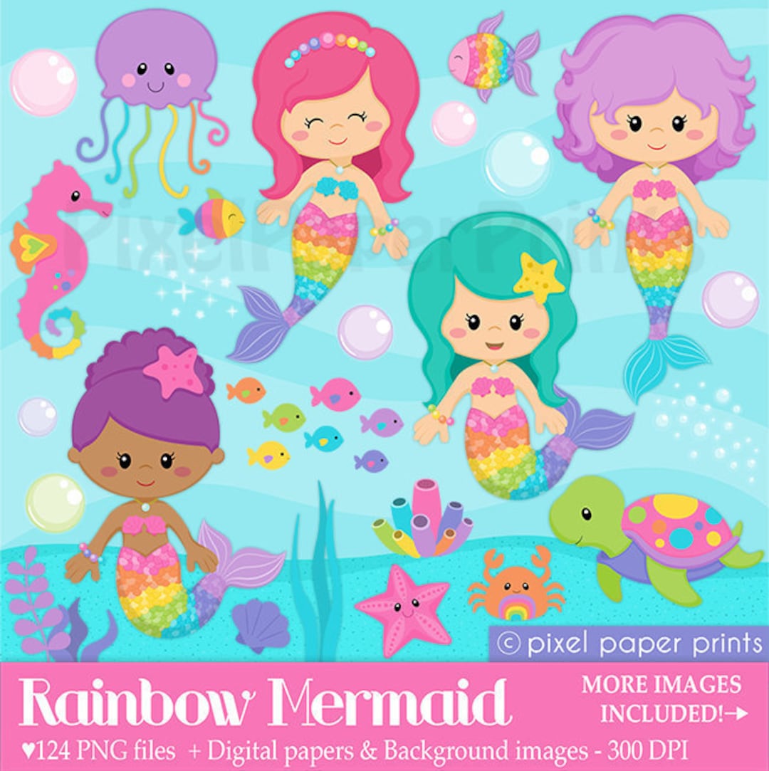 Cute Mermaid Clipart - Rainbow Mermaid - PNG Files - Digital ...
