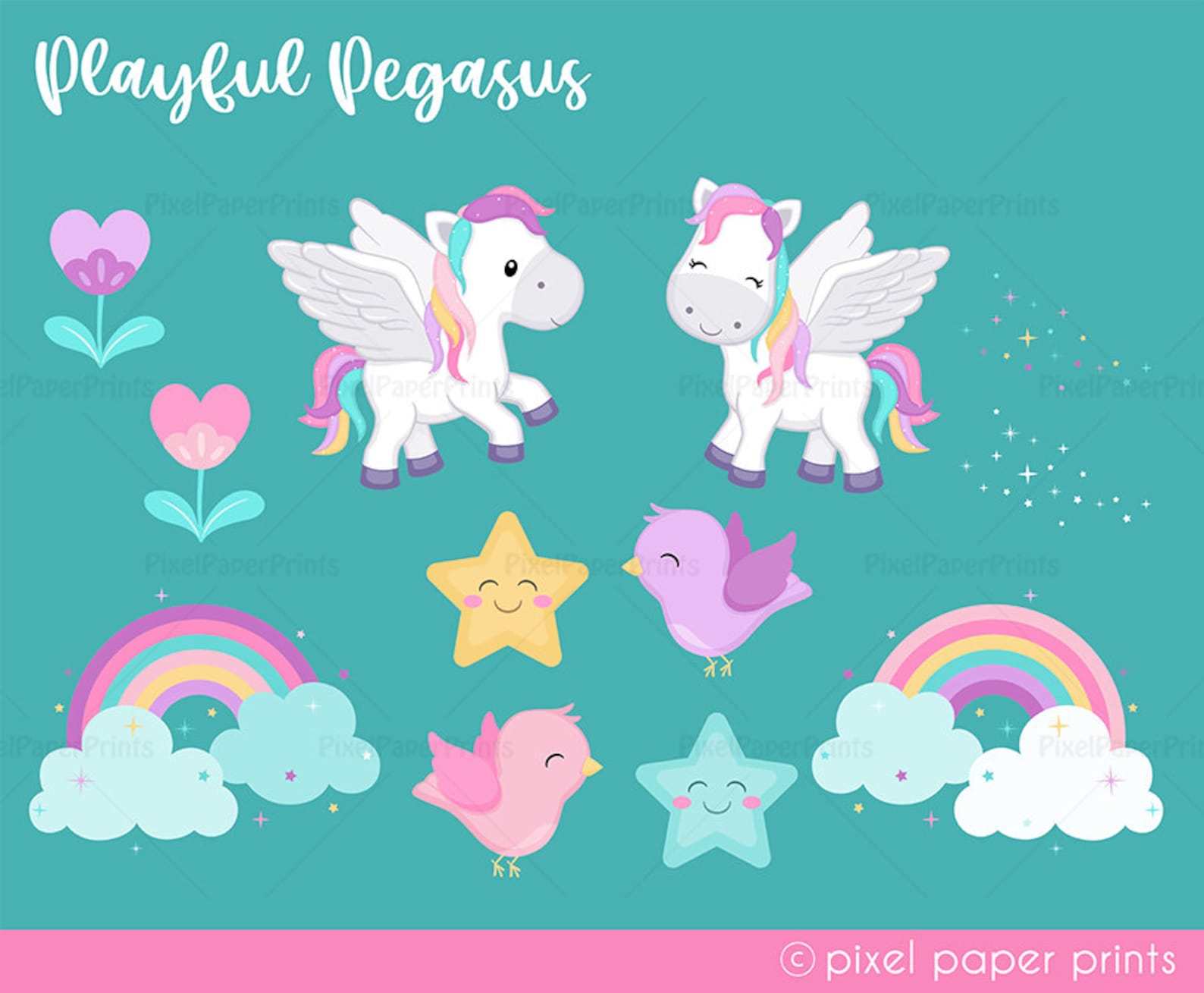Playful Pegasus Clipart Set Cute PNG Images for Invites, Party Decor ...