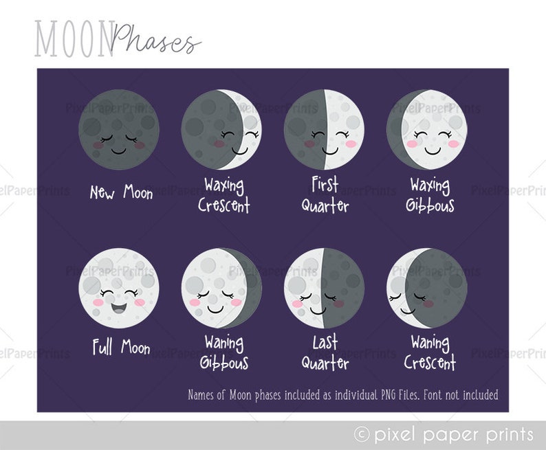 Cute Moon Phases - Digital Download - Moon Clip Art - Moon Cycle ...