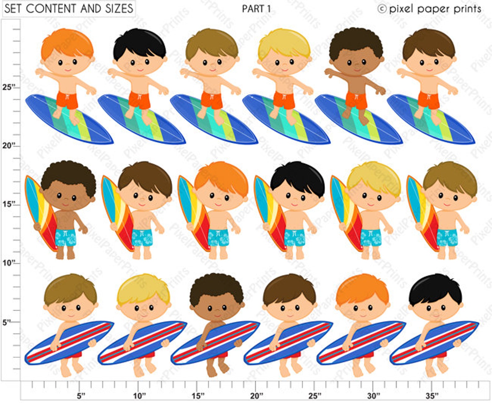 Surfer Boys Clipart Clip Art and Digital Paper Set Digital - Etsy